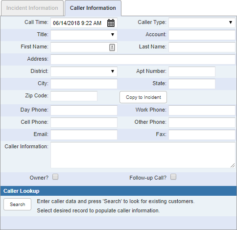 Caller Information Tab Fields